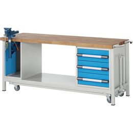 eurokraft pro Fahr- und absenkbare Werkbank, Gestellbauweise Serie 8000, 3 Schubladen, Klapplift-Schraubstock, BxT 2000 x 700 mm