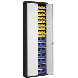 Mauser Magazinschrank mit Sichtlagerk&auml;sten, HxBxT 2150 x 680 x 280 mm, zweifarbig, Korpus schwarz, T&uuml;ren grau, 82 K&auml;sten
