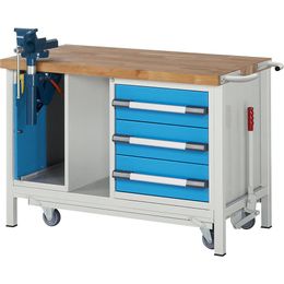 eurokraft pro Fahr- und absenkbare Werkbank, Gestellbauweise Serie 8000, 3 Schubladen, Klapplift-Schraubstock, BxT 1250 x 700 mm