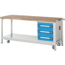 eurokraft pro Fahr- und absenkbare Werkbank, Gestellbauweise Serie 8000, 3 Schubladen, Ablageboden, BxT 2000 x 700 mm