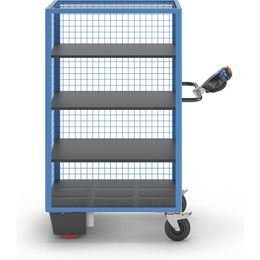 eurokraft pro Etagenwagen mit Elektroantrieb, L&auml;ngsseite offen, 3 Etagenb&ouml;den, lichtblau
