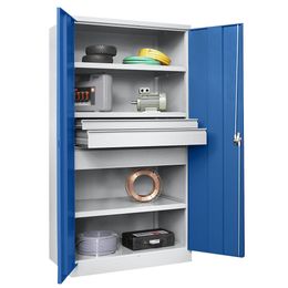 Pavoy Schwerlastschrank, H&ouml;he 1950 mm, 3 Fachb&ouml;den, 3 Schubladen, grau / blau