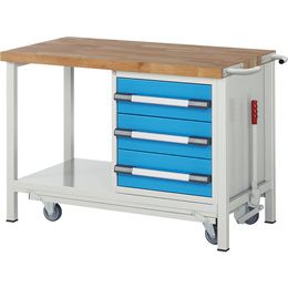 eurokraft pro Fahr- und absenkbare Werkbank, Gestellbauweise Serie 8000, 3 Schubladen, Ablageboden, BxT 1250 x 700 mm