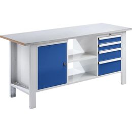 eurokraft basic Werkbank, Baukastensystem, Plattenbreite 1850 mm, 4 Schubladen, 1 T&uuml;r, Stahlblechbelagplatte