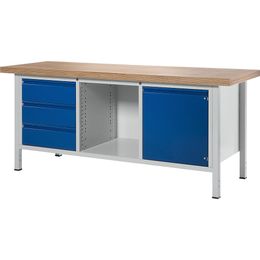 Rau Werkbank, Gestellbauweise Serie 8500, 3 Schubladen, 1 T&uuml;r, 1 offenes Fach, Plattenbreite 2000 mm, enzianblau