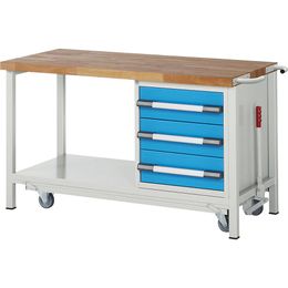 eurokraft pro Fahr- und absenkbare Werkbank, Gestellbauweise Serie 8000, 3 Schubladen, Ablageboden, BxT 1500 x 700 mm