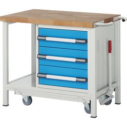 eurokraft pro Fahr- und absenkbare Werkbank, Gestellbauweise Serie 8000, 3 Schubladen, Ablageboden, BxT 1000 x 700 mm