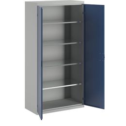 eurokraft pro Flügeltürenschrank, 4 Fachböden, Breite 1000 mm, lichtgrau / enzianblau