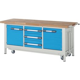 eurokraft pro Fahr- und absenkbare Werkbank, Gestellbauweise Serie 8000, 3 Schubladen, 1 Tür, BxT 2000 x 700 mm