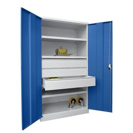 Pavoy Schwerlastschrank, H&ouml;he 1950 mm, 3 Fachb&ouml;den, 3 Schubladen &agrave; 175 mm, grau / blau