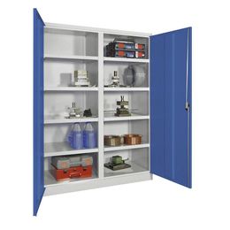 Pavoy Schwerlastschrank, extrabreit, Höhe x Breite x Tiefe 1950 x 1470 x 630 mm, 8 Fachböden, 1 Mitteltrennwand, grau / blau