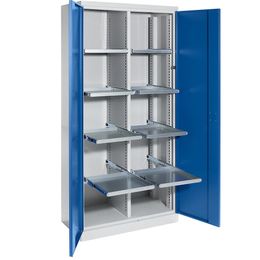 eurokraft pro Materialschrank, Breite 950 mm, 8 Ausziehböden, 1 Mitteltrennwand, Tür enzianblau