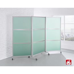 Mobile Faltstellwand, schwer entflammbar, Alurahmen mit ESG-Sicherheitsglas, HxBxT 1900 x 2800 x 450 mm, satiniert kaiserkraft