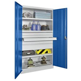 Pavoy Schwerlastschrank, H&ouml;he 1950 mm, 3 Fachb&ouml;den, 5 Schubladen, grau / blau