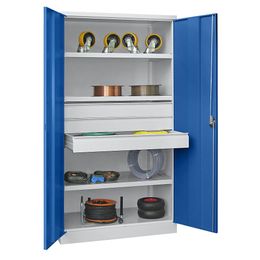 Pavoy Schwerlastschrank, H&ouml;he 1950 mm, 3 Fachb&ouml;den, 3 Schubladen &agrave; 125 mm, grau / blau