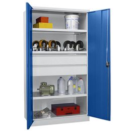 Pavoy Schwerlastschrank, H&ouml;he 1950 mm, 3 Fachb&ouml;den, 2 Schubladen, grau / blau