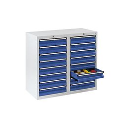 Schubladenschrank, HxBxT 900 x 1000 x 500 mm, 16 Schubladen 100 mm hoch, Korpus grau, Schubladen enzianblau kaiserkraft