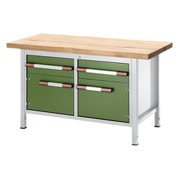 eurokraft pro H&ouml;henverstellbare Werkbank, Gestellbauweise, 2 Schubladen, 2 T&uuml;ren, Breite 1500 mm, lichtgrau / gr&uuml;n