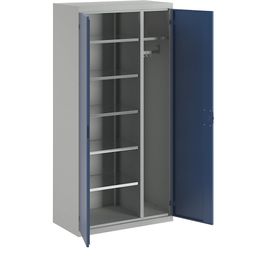 eurokraft pro Putzmittelschrank, 6 Fachböden, 1 Kleiderstange, Tiefe 500 mm, lichtgrau / enzianblau