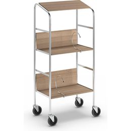 HelgeNyberg Aktenordnerwagen mit Ablageboden, verchromt, 3 Etagen, LxBxH 550 x 340 x 1060 mm, Eiche-Dekor