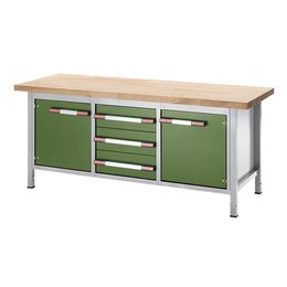 eurokraft pro H&ouml;henverstellbare Werkbank, Gestellbauweise, 3 Schubladen, 2 Fl&uuml;gelt&uuml;ren, Breite 2000 mm, lichtgrau / gr&uuml;n