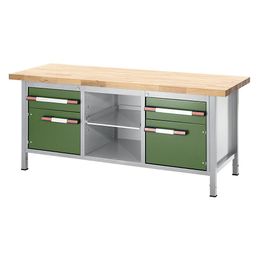 eurokraft pro H&ouml;henverstellbare Werkbank, Gestellbauweise, 2 Schubladen, 2 T&uuml;ren, 1 Auszugboden, Breite 2000 mm, lichtgrau / gr&uuml;n