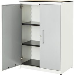 Mauser Flügeltürenschrank, HxB 1168 x 800 mm, HPL-Vollkernplatte, 2 Fachböden, reinweiß / weißaluminium / Ahorn
