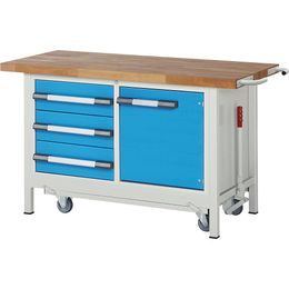 eurokraft pro Fahr- und absenkbare Werkbank, Gestellbauweise Serie 8000, 3 Schubladen, 1 Tür, BxT 1500 x 700 mm