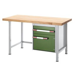 eurokraft pro H&ouml;henverstellbare Werkbank, Gestellbauweise, 1 Schublade, 1 Fl&uuml;gelt&uuml;r, Breite 1000 mm, lichtgrau / gr&uuml;n