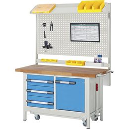 eurokraft pro Fahr- und absenkbare Werkbank, Gestellbauweise Serie 8000, 3 Schubladen, 1 T&uuml;r, BxT 1500 x 700 mm