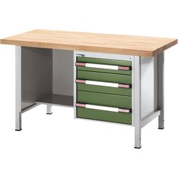 eurokraft pro H&ouml;henverstellbare Werkbank, Gestellbauweise, 3 Schubladen, 1 Ablageboden, Breite 1500 mm, lichtgrau / gr&uuml;n