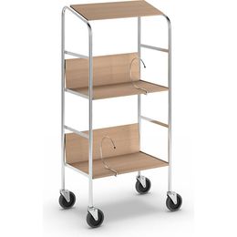 HelgeNyberg Aktenordnerwagen mit Ablageboden, verchromt, 3 Etagen, LxBxH 550 x 340 x 1060 mm, Buche-Dekor