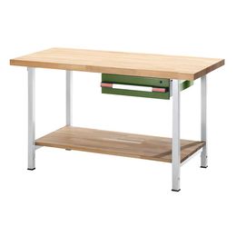 eurokraft pro H&ouml;henverstellbare Werkbank, Gestellbauweise, 1 Schublade, 1 Ablageboden, Breite 2000 mm, lichtgrau / resedagr&uuml;n