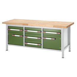 eurokraft pro H&ouml;henverstellbare Werkbank, Gestellbauweise, 5 Schubladen, 2 Fl&uuml;gelt&uuml;ren, Breite 2000 mm, lichtgrau / gr&uuml;n