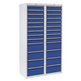 Schubladenschrank, HxBxT 1800 x 1000 x 500 mm, 18 Schubladen 100 mm, 8 Schubladen 200 mm hoch, Korpus grau, Schubladen enzianblau kaiserkraft