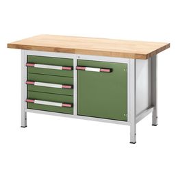 eurokraft pro H&ouml;henverstellbare Werkbank, Gestellbauweise, 3 Schubladen, 1 Fl&uuml;gelt&uuml;r, Breite 1500 mm, lichtgrau / gr&uuml;n