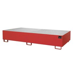 eurokraft pro Regal-Bodenwanne, 1000 l Auffangvolumen, LxBxH 2650 x 1300 x 435 mm, mit Gitterrost, rot lackiert