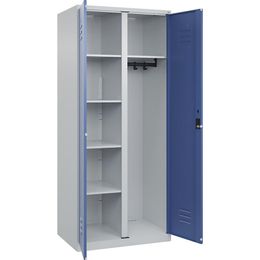 C+P Putzmittelspind Classic PLUS, 1 Abteil, Trennwand mittig, lichtgrau / fernblau, B 800 mm, mit Bodengleitern, Zylinderschloss