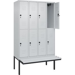 C+P Doppelstock-Spind Classic PLUS Sitzbank, 4 Abteile, lichtgrau, B 1200 mm, Sicherheits-Drehriegel, auskragend, Kunststoff