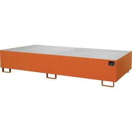 eurokraft pro Regal-Bodenwanne, 1000 l Auffangvolumen, LxBxH 2650 x 1300 x 435 mm, mit Gitterrost, orange lackiert