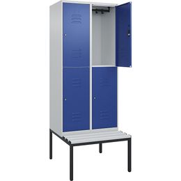 C+P Doppelstock-Spind Classic PLUS Sitzbank, 2 Abteile, lichtgrau / enzianblau, B 800 mm, Zylinderschloss, untergebaut, Kunststoff