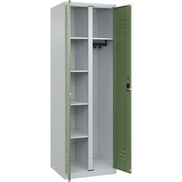 C+P Putzmittelspind Classic PLUS, 1 Abteil, Trennwand mittig, lichtgrau / resedagr&uuml;n, B 600 mm, mit Bodengleitern, Zylinderschloss
