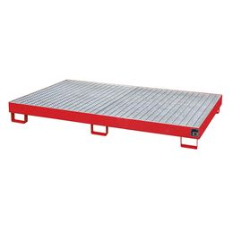eurokraft pro Regal-Bodenwanne, 240 l Auffangvolumen, LxBxH 2150 x 1300 x 225 mm, mit Gitterrost, rot lackiert