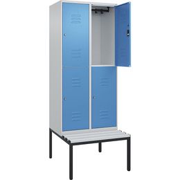 C+P Doppelstock-Spind Classic PLUS Sitzbank, 2 Abteile, lichtgrau / lichtblau, B 800 mm, Zylinderschloss, untergebaut, Kunststoff