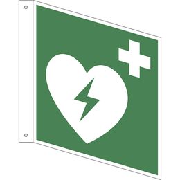 Rettungszeichen, Automatisierter externer Defibrillator, VE 10 Stk, Kunststoff, Fahnenschild, 200 x 200 mm kaiserkraft