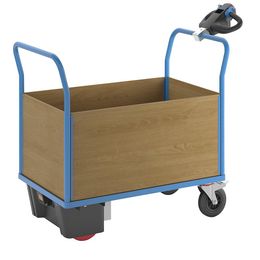 eurokraft pro Plattformwagen mit Elektroantrieb, 4 hohe MDF-Wände, LxBxH 1420 x 700 x 1300 mm