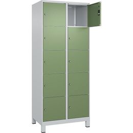 C+P 5er-Schlie&szlig;fachschrank Classic PLUS, 2 Abteile, lichtgrau / resedagr&uuml;n, B 800 mm, 10 F&auml;cher, mit F&uuml;&szlig;en