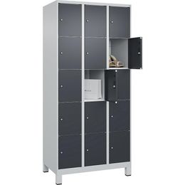 C+P 5er-Schlie&szlig;fachschrank Classic PLUS, 3 Abteile, lichtgrau / grau, B 900 mm, 15 F&auml;cher, mit F&uuml;&szlig;en