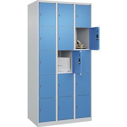 C+P 5er-Schlie&szlig;fachschrank Classic PLUS, 3 Abteile, lichtgrau / lichtblau, B 900 mm, 15 F&auml;cher, mit Bodengleitern