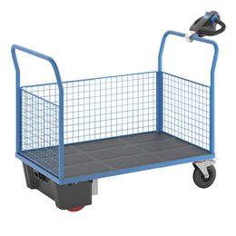 eurokraft pro Plattformwagen mit Elektroantrieb, 3 hohe Gitter-W&auml;nde, LxBxH 1620 x 800 x 1300 mm